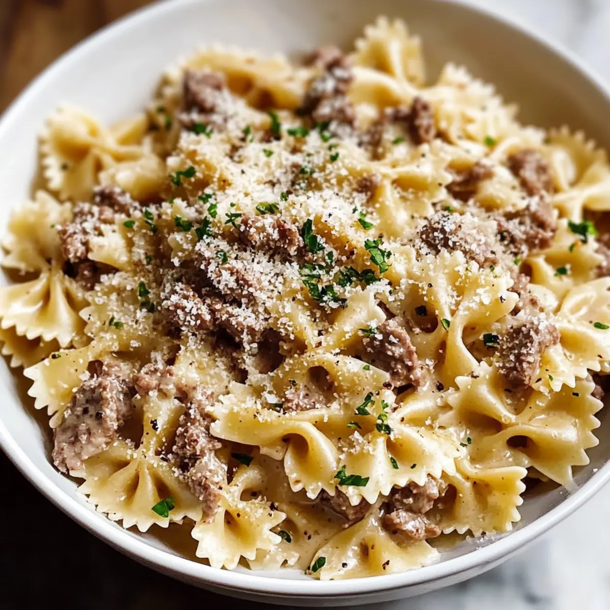 Irresistible Creamy Garlic Parmesan Beef Bowtie Pasta